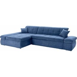 DOMO collection Ecksofa &raquo;NMoric XXL, B/T/H: 300/172/80cm, L-Form&laquo; wahlweise mit Bettfunktion und Armlehnverstellung blau Chenille (85% Polyester, 15% 