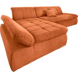 DOMO collection Ecksofa &raquo;NMoric XXL, B/T/H: 300/172/80cm, L-Form&laquo; wahlweise mit Bettfunktion und Armlehnverstellung orange Chenille (85% Polyester, 15