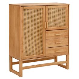 OTTO home Highboard &raquo;Linz&laquo; Stauraumschrank mit Rattangeflecht auf den T&uuml;rfronten, Massivholz beige FSC -zertifiziertes Massivholz