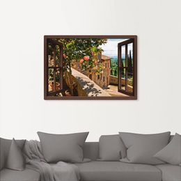 Artland Wandbild &raquo;Fensterblick Rosen auf Balkon Toskana&laquo; Garten 1 Stk. tlg. als Leinwandbild, Poster in verschied. Gr&ouml;&szlig;en braun