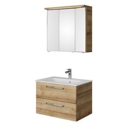 Badm&ouml;bel-Set &raquo;Trentino 2-teilig Mineralmarmor-Waschtisch mit LED-Spiegelschrank&laquo; 3 Stk. tlg. braun