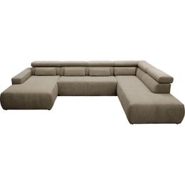 DOMO collection Wohnlandschaft &raquo;Brandon, belastbar bis 140kg/ Sitz, B/T: 359/228 cm, U-Form&laquo; mit Sitztiefenverstellung, Cord, schlamm braun Kunstleder