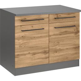 KOCHSTATION Unterschrank &raquo;KS-Tulsa&laquo; 100 cm breit, 2 Schubk&auml;sten, 2 T&uuml;ren, schwarzer Metallgriff, MDF Front braun
