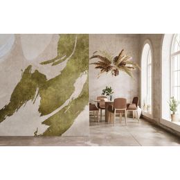 Livingwalls living walls Vliestapete &raquo;Abstrakte Tapete Pinselstriche Gr&uuml;n Beige Zen-Stil&laquo; matt glatt Vlies