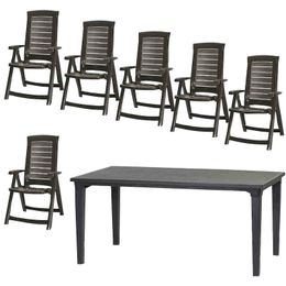 JARDIN Garten-Essgruppe &raquo;Aruba&laquo; 6x Klappsessel, 1x Tisch 165x95cm, 7 Stk. tlg. Kunststoff, verstellbar, klappbar, geeignet f&uuml;r 6 Personen grau Kunststoff