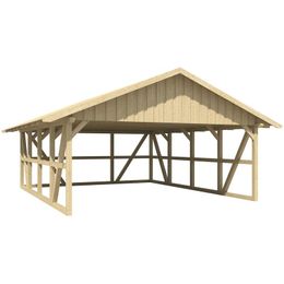 Skan Holz Doppelcarport &raquo;Schwarzwald&laquo; Massivholz 560 cm Eiche hell mit R&uuml;ckwand, mit Dachschalung braun