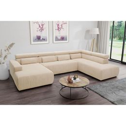 DOMO collection Wohnlandschaft &raquo;Brandon, whlw. mit Sitztiefenverstellung, whlw. Nierenkissen&laquo; mit Sitztiefenverstellung, Cord, creme beige Kunstleder 