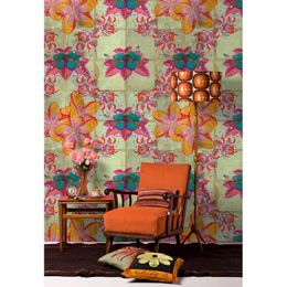 Livingwalls living walls Vliestapete &raquo;Bunte Blumen-Tapete Orange Gr&uuml;n Pink floral&laquo; matt glatt Vlies