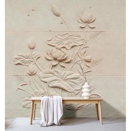 Livingwalls living walls Vliestapete &raquo;Relief-Tapete mit Lotusbl&uuml;ten Creme Beige 3D&laquo; matt glatt Vlies