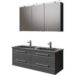 Badm&ouml;bel-Set &raquo;Serie 6025 2-teilig Mineralmarmor-Waschtisch mit LED-Spiegelschrank&laquo; 2 Stk. tlg. grau Spanplatte
