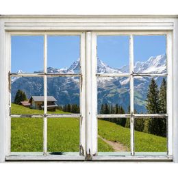 queence Wandsticker &raquo;H&uuml;tte in den Bergen&laquo; Wandsticker, Wandbild, selbstklebend, 3D, Fenster gr&uuml;n