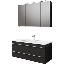 Badm&ouml;bel-Set &raquo;Serie 6025 2-teilig Mineralmarmor-Waschtisch mit LED-Spiegelschrank&laquo; 2 Stk. tlg. schwarz Spanplatte