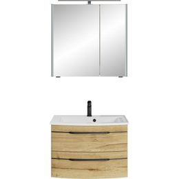 Badm&ouml;bel-Set &raquo;Serie 7045 2-teilig Mineralmarmor-Waschtisch mit LED-Spiegelschrank&laquo; Set, 2 Stk. tlg. braun Spanplatte