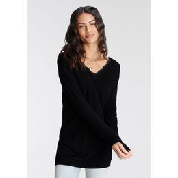 Laura Scott Damen Strickpullover mit spitzenbesetztem V-Ausschnitt schwarz 34