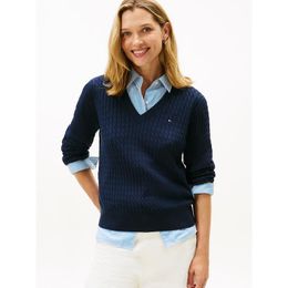 Tommy Hilfiger Damen V-Ausschnitt-Pullover &raquo;CO CABLE V-NK LS SWT&laquo; mit Zopfmuster, Logostickerei blau XXXL(46)