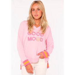 Zwillingsherz Damen Sweatshirt &raquo;Dana&laquo;, Neon-B&uuml;ndchen, V-Ausschnitt, Langarm, Front-Stickerei rosa S/M