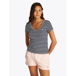 Tommy Jeans Damen T-Shirt &raquo;TJW SLIM ESSENTIAL RIB V SS&laquo; mit gerippter Struktur blau XS (34)