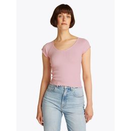 Tommy Jeans Damen Kurzarmshirt &raquo;TJW SLIM VNECK GMD RIB SS&laquo; mit Rollkanten, im femininen Stil rosa XL (42)