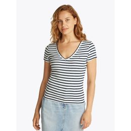 Tommy Jeans Damen T-Shirt &raquo;TJW SLIM ESSENTIAL RIB V SS&laquo; mit gerippter Struktur blau M (38)