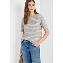 Print-Shirt Cecil, Damen, Gr. XS (36), milky grau melange, Web, 95% Baumwolle, 5% Elasthan, gestreift, comfort fit normal, U-Boot-Ausschnitt, abgesteppt, Shirts, mit U-Boot-Ausschnitt