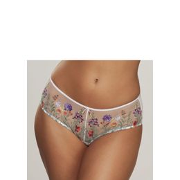 Stringpanty Lascana "Maria", Damen, Gr. 32/34, bunt (champagner, bunt), Mesh, Obermaterial: 76% Polyamid, 21% Polyester, 3% Elasthan, figurbetont, Unterhosen, mit bunten Blumen aus Stickereispitze
