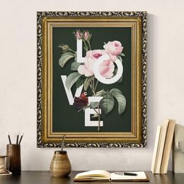 Bilderwelten Bild mit Barockrahmen Antik Blumen modern Barock gr&uuml;n - Florale Typografie - Love - Rose Jugendzimmer