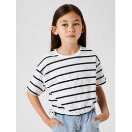 T-Shirt name it "NKFFUNION SS CROPPED BOXY TOP NOOS", M&auml;dchen, Gr. 122 (128), jet stream stripes:schwarz sapphire, Jersey, Obermaterial: 100% Baumwolle, geringelt, gestreift, regular fit kurz, Rundhals, Shirts T-Shirt, mit Kordelzug in der Taille