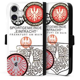 DeinDesign iPhone 16 Plus Handy Klapph&uuml;lle Handyh&uuml;lle aus Kunst Leder schwarz Flip Case Retro Eintracht Frankfurt Official Licensed Product Sideflip mit Lasche