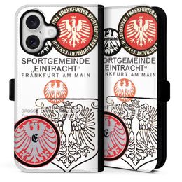 DeinDesign iPhone 16 Handy Klapph&uuml;lle Handyh&uuml;lle aus Kunst Leder schwarz Flip Case Retro Eintracht Frankfurt Official Licensed Product Sideflip mit Lasche