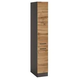 Apothekerschrank KOCHSTATION "KS-Tulsa", braun (wotaneiche), B:30cm H:200cm T:60cm, Schr&auml;nke, Apothekerschrank, 30 cm breit, 200 cm hoch, mit 2 Ausz&uuml;gen, Metallgriff, MDF Front