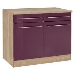 Unterschrank KOCHSTATION "KS-Eton", lila (aubergine hochglanz), B:100cm H:85cm T:60cm, Schr&auml;nke, Unterschrank, Breite 100 cm