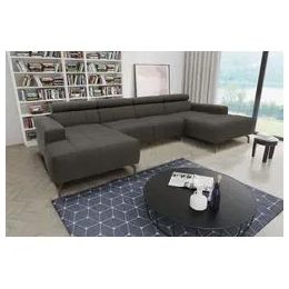 Wohnlandschaft DOMO collection "Cunelli tolle Sitzn&auml;hte als Designelement, fester Sitzkomfort, U-Form", grau, B:376cm H:79cm T:175cm, Lederlook;100% Polyurethan, Sofas, Wohnlandschaft, wahlweise mit Kopfteilverstellung, bodenfrei