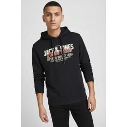 Jack & Jones PlusSize Hoodie "JJELOGO SWEAT HOOD 2 COL 24/25 NOOS PLS", Herren, Gr. 4XL, schwarz detail:aw25, angeraute Sweatware, Obermaterial: 70% Baumwolle, 30% Polyester, JACK & JONES PLUSSIZE, regular fit normal, ohne Ausschnitt, Rippb&uuml;ndchen, Sweatshirts Hoodie, mit Logo Frontprint