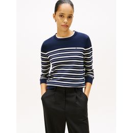 Rundhalspullover Tommy Hilfiger "CO JERSEY STITCH LS C-NK SWT", Damen, Gr. XS (34), schwarz night navy, calico multi stp, Strick, Obermaterial: 67% Baumwolle, 33% Polyamid, gestreift, normal h&uuml;ftlang, Rundhals, B&uuml;ndchen, Pullover Rundhalspullover, mit Logostickerei