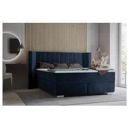 Boxspringbett Home Affaire "Piazza", blau (dunkelblau), B:161cm L:210cm, Strukturstoff-Bezug (100% Polyester);Samtvelours (100% Polyester), Komplettbetten, Boxspringbett, mit Steppung und Kopfteil mit seitlichen Fl&uuml;geln