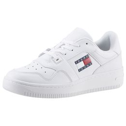 Plateausneaker Tommy Jeans "TJW RETRO BASKET ESS", Damen, Gr. 35, wei&szlig;, Leder, Textil, Schuhe Plateausneaker, Freizeitschuh, Halbschuh, Schn&uuml;rschuh mit seitlicher Logoflagge