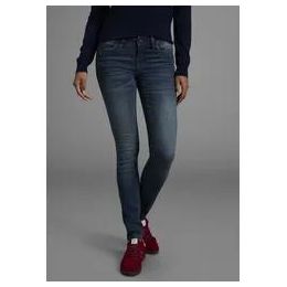 Skinny-fit-Jeans Arizona "mit Keileins&auml;tzen", Damen, Gr. 22, K + L Gr, blau (dunkelblau us), Denim/Jeans, Obermaterial: 76% Baumwolle, 16% Polyester, 7% Viskose, 1% Elasthan, Basic, skinny fit lang, Jeans, extra-enger Beinschnitt, niedrige Leibh&ouml;he