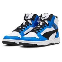 Sneaker Puma "REBOUND V6 MID JR", Kinder, Gr. 38, wei&szlig; (Puma wei&szlig;, Puma schwarz, racing blau), Synthetik, Schuhe Sneaker, kn&ouml;chelhoch, retro-inspiriertes Design, mit SOFTFOAM+ D&auml;mpfung
