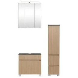 Badm&ouml;bel-Set Welltime "EIXO, Set aus Spiegelschrank, Unterbeckenschrank und Midischrank", braun (eiche hell), B:90cm H:200cm T:35cm, Holzwerkstoff, Kastenm&ouml;bel-Sets, Badm&ouml;bel-Set, Set 90 cm breit, Badm&ouml;bel mit LED-Beleuchtung