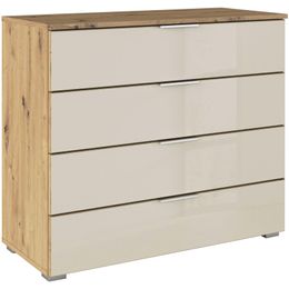 Schubkastenkommode OTTO HOME "Sideboard Schubladenkommode Schubladenkommode AGORDO mit Glasfront", beige (eiche artisan, glas beige (champagner)), B:80cm H:81cm T:42cm, Holzwerkstoff, Sideboards, vier gro&szlig;e und ger&auml;umige Schubladen mit viel Stauraum MADE IN GERMANY