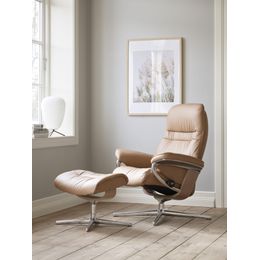 Relaxsessel stressless "Sunrise", braun (almond paloma), B:79cm H:103cm T:73cm, Leder PALOMA: PALOMA ist ein durchgef&auml;rbtes Semianilin-M&ouml;belleder mit nat&uuml;rlicher Narbung., Sessel, Relaxsessel, mit Hocker, mit Cross Base, Gr&ouml;&szlig;e S, M & L, Holzakzent Eiche