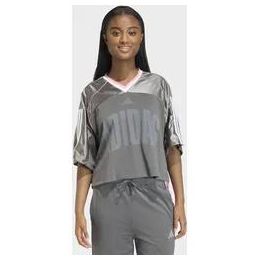 T-Shirt Adidas SPORTSWEAR "STADIUM MESH", Damen, Gr. XL, grau six, ch solid grau, st tropic bloom, Obermaterial: 100% Polyester, V-Ausschnitt, Shirts T-Shirt