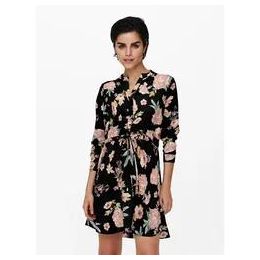 Druckkleid Only "ONLCORY LIFE L/S V-NECK TUNIC WVN NOOS", Damen, Gr. S, N-Gr, schwarz aop:groundbreaker floral, Web, Obermaterial: 100% Polyester, bedruckt, kurz, V-Ausschnitt, Kleider Druckkleid, Sommerkleid mit Tailleng&uuml;rtel