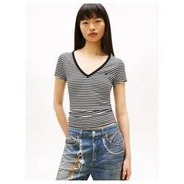 Tommy Hilfiger Kurzarmshirt TOMMY JEANS "TJW SLIM ESSENTIAL RIB V SHORT SLEEVE", Damen, Gr. L (40), schwarz, ecru stripe, Feinripp, Obermaterial: 95% Baumwolle, 5% Elasthan, gestreift, slim fit kurz, tiefer V-Ausschnitt, abgesteppt, Shirts, mit gerippter Struktur, V-Ausschnitt, Slim Fit