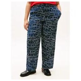 Stoffhose Tommy Hilfiger Curve "CRV ESS LINEN PULL ON PANTS", Damen, Gr. 54, N-Gr, flag feathers schwarz night navy, Web, Obermaterial: 100% Leinen, bedruckt, weit normal, Hosen Stoffhose, in gro&szlig;en Gr&ouml;&szlig;en