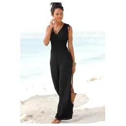 Overall Lascana, Damen, Gr. 46, N-Gr, schwarz, Jersey, Obermaterial: 100% Viskose, unifarben, figurumspielend lang, tiefer V-Ausschnitt, Overalls Overall, mit B&auml;ndern zum Raffen der Tr&auml;ger, sommerlicher Jumpsuit