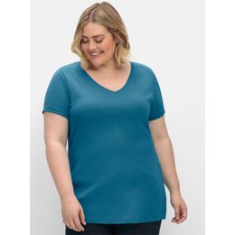 sheego Gro&szlig;e Gr&ouml;&szlig;en T-Shirt mit V-Ausschnitt, Rippqualit&auml;t, topas, Gr&ouml;&szlig;e 44/46 - Damen