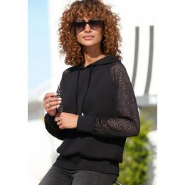 Lascana Kapuzensweatshirt schwarz Gr. 36/38 f&uuml;r Damen. Rundhals und Spitze. Figurumspielend. Nachhaltig.