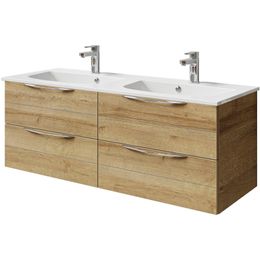 Waschtisch SAPHIR "Serie 6025 Mineralmarmor-Waschtisch mit Unterschrank, 132 cm breit", braun (riviera eiche, riviera eiche quer nb), B:132cm H:49,9cm T:48cm, Waschtische, Waschtisch, Doppel-Waschplatz mit 4 Schubladen, h&auml;ngend, verschiedene Ausf&uuml;hrungen