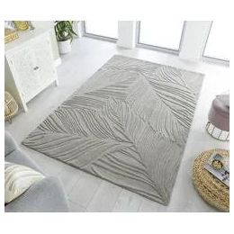 Wollteppich FLAIR RUGS "LINO LEAF", grau, B:120cm H:10mm L:170cm, Wolle, Teppiche, Hoch-Tief Effekt